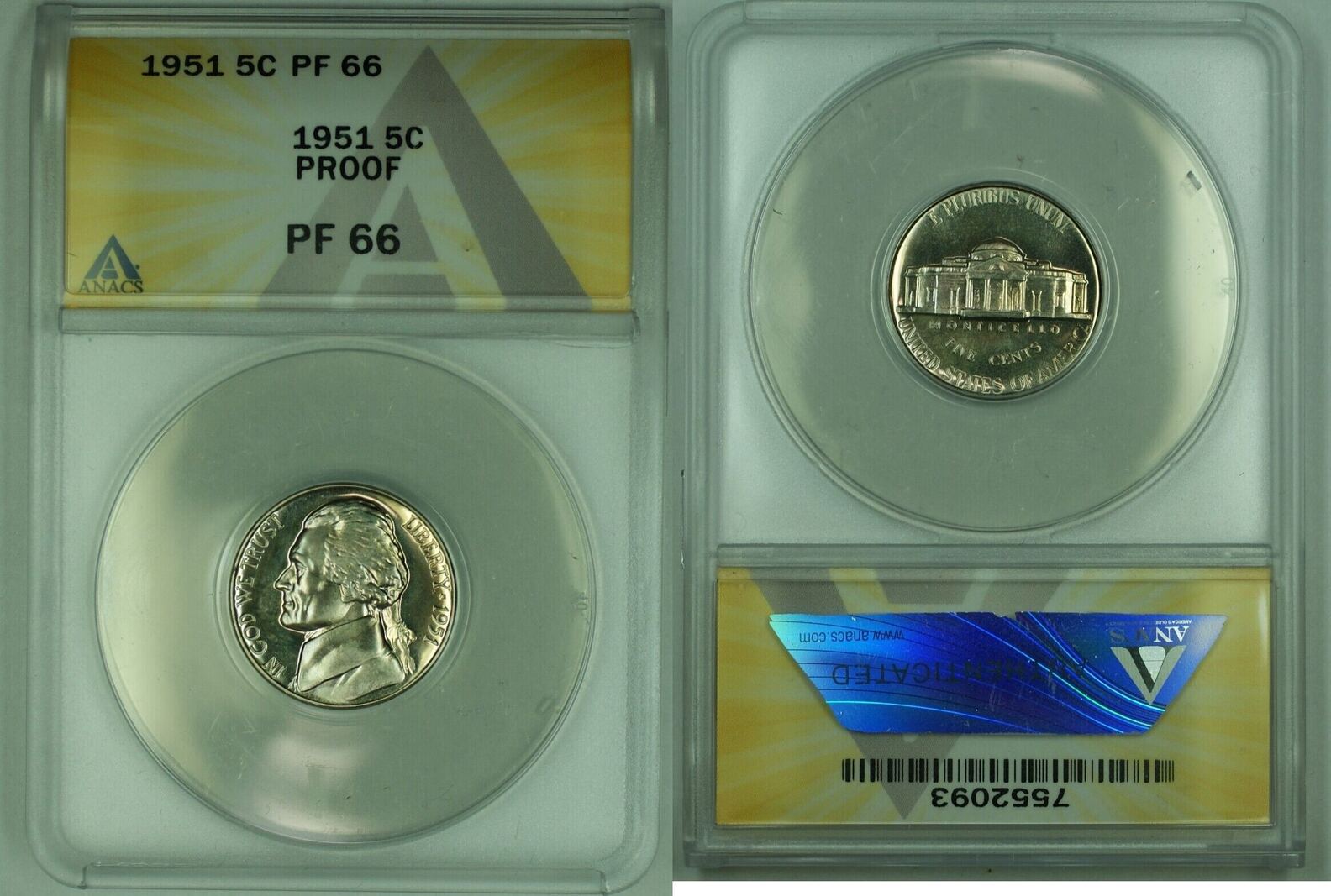 USA Jefferson Nickel 1951 Proof 5C ANACS PR 66 (51) | MA-Shops