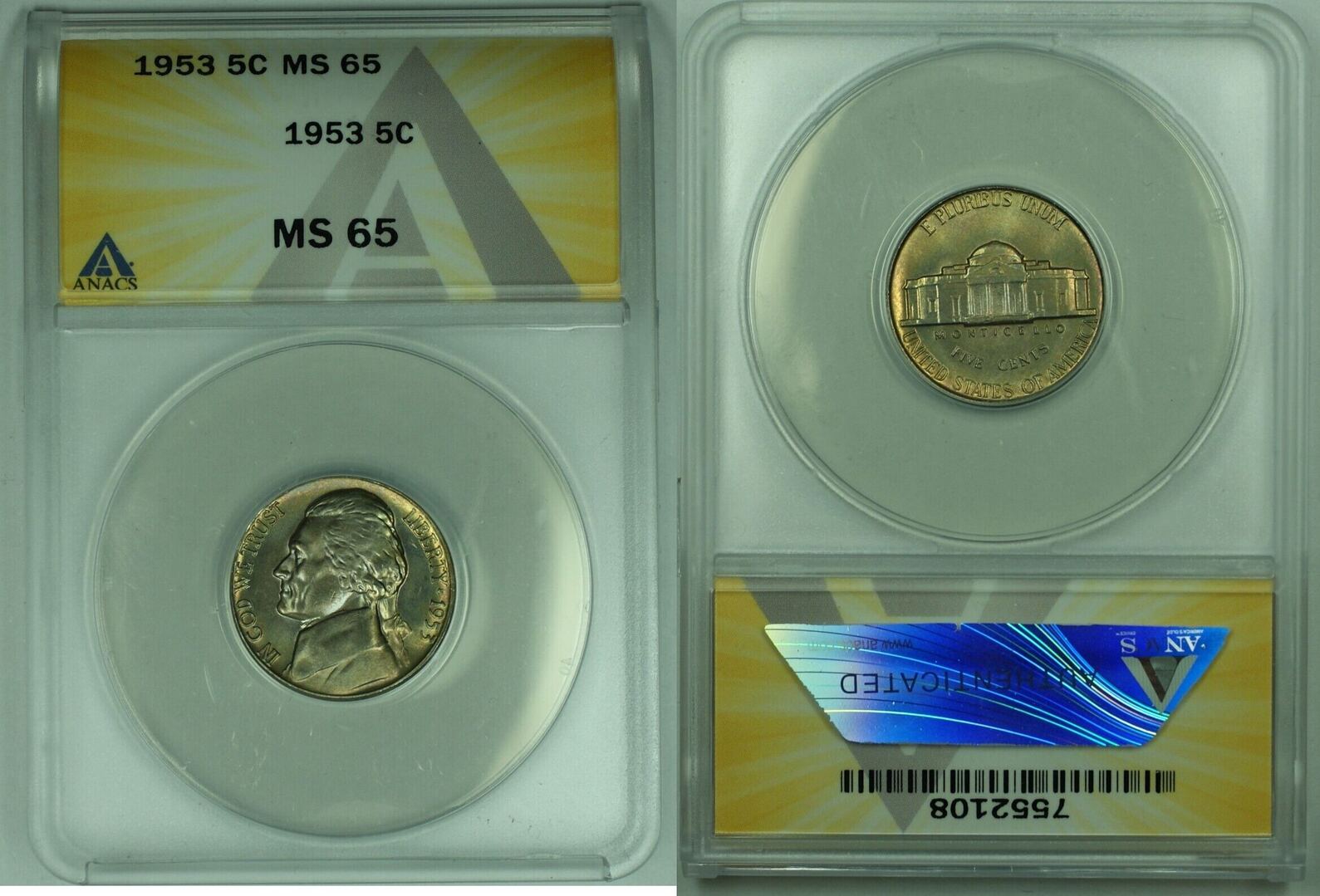 USA Jefferson Nickel 1953 5C ANACS MS 65 (52) | MA-Shops