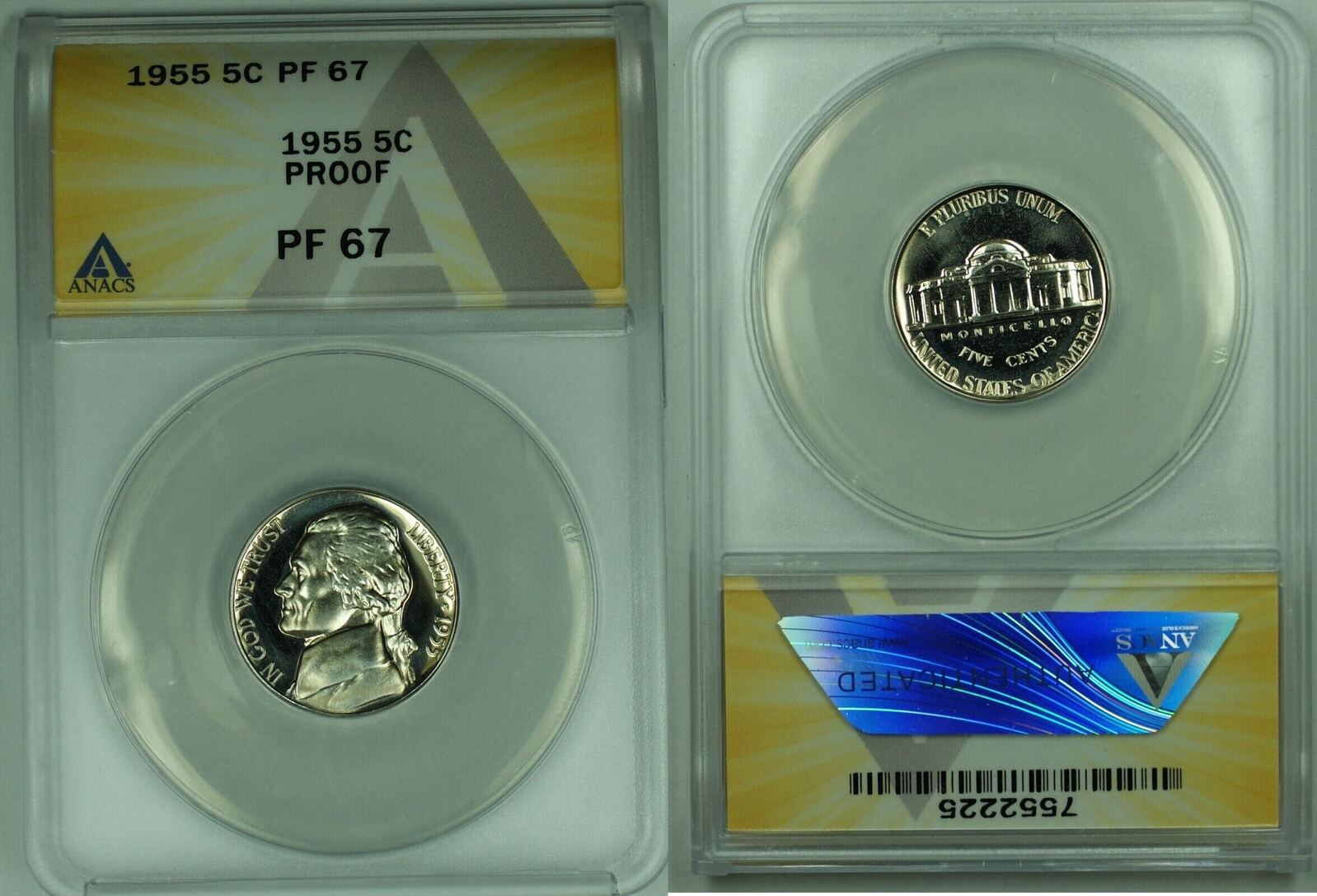 USA Jefferson Nickel 1955 Proof 5C ANACS PR 67 (52) | MA-Shops