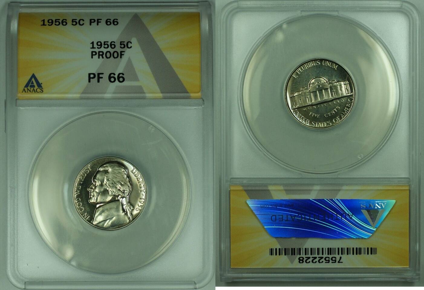 USA 1956 Jefferson Nickel Proof 5C ANACS PR 66 (52) | MA-Shops