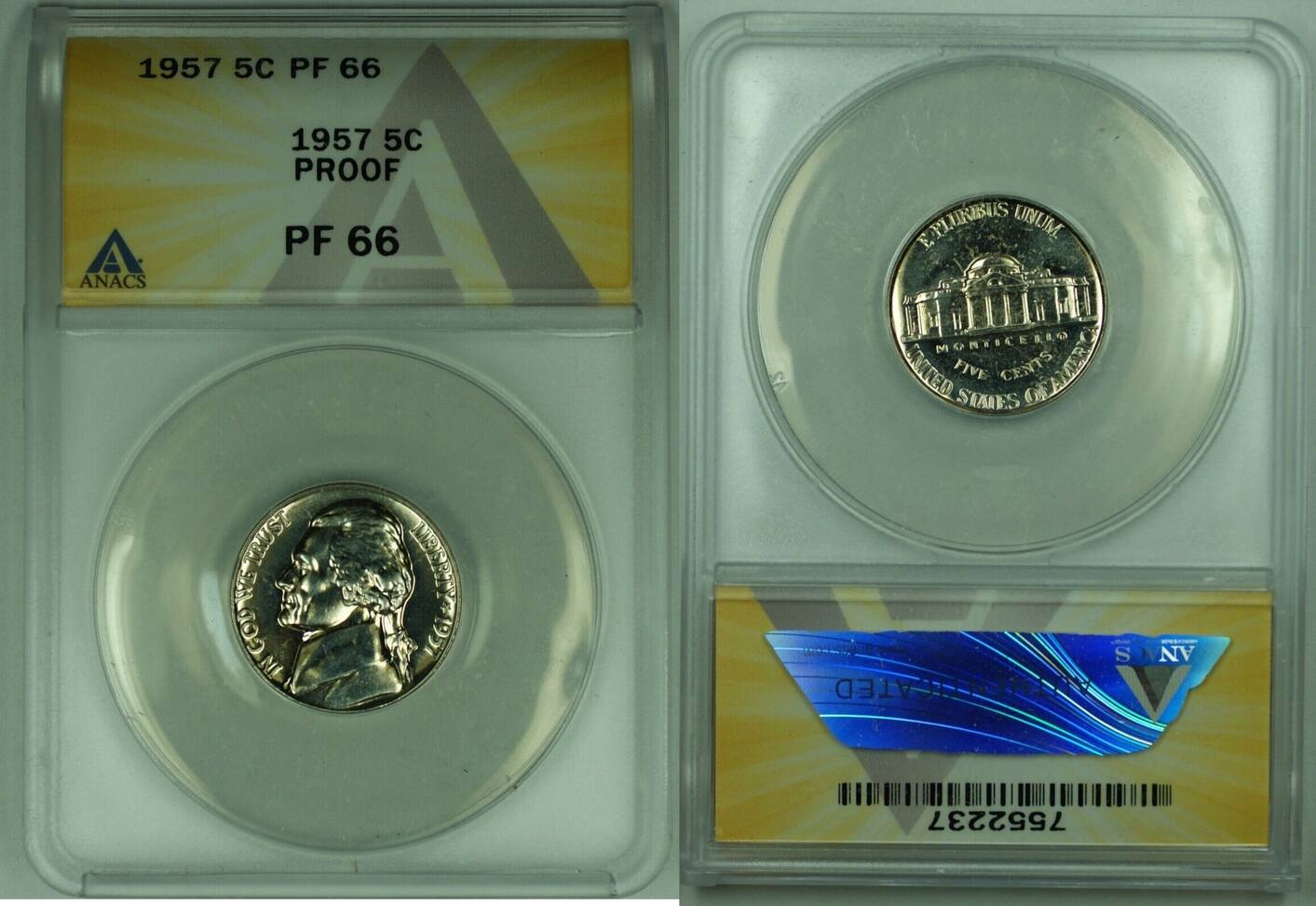USA Jefferson Nickel 1957 Proof 5C ANACS PR 66 (52) B | MA-Shops