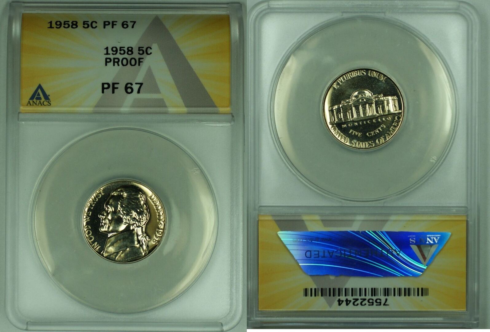 USA Jefferson Nickel 1958 Proof 5C ANACS PR 67 (52) | MA-Shops