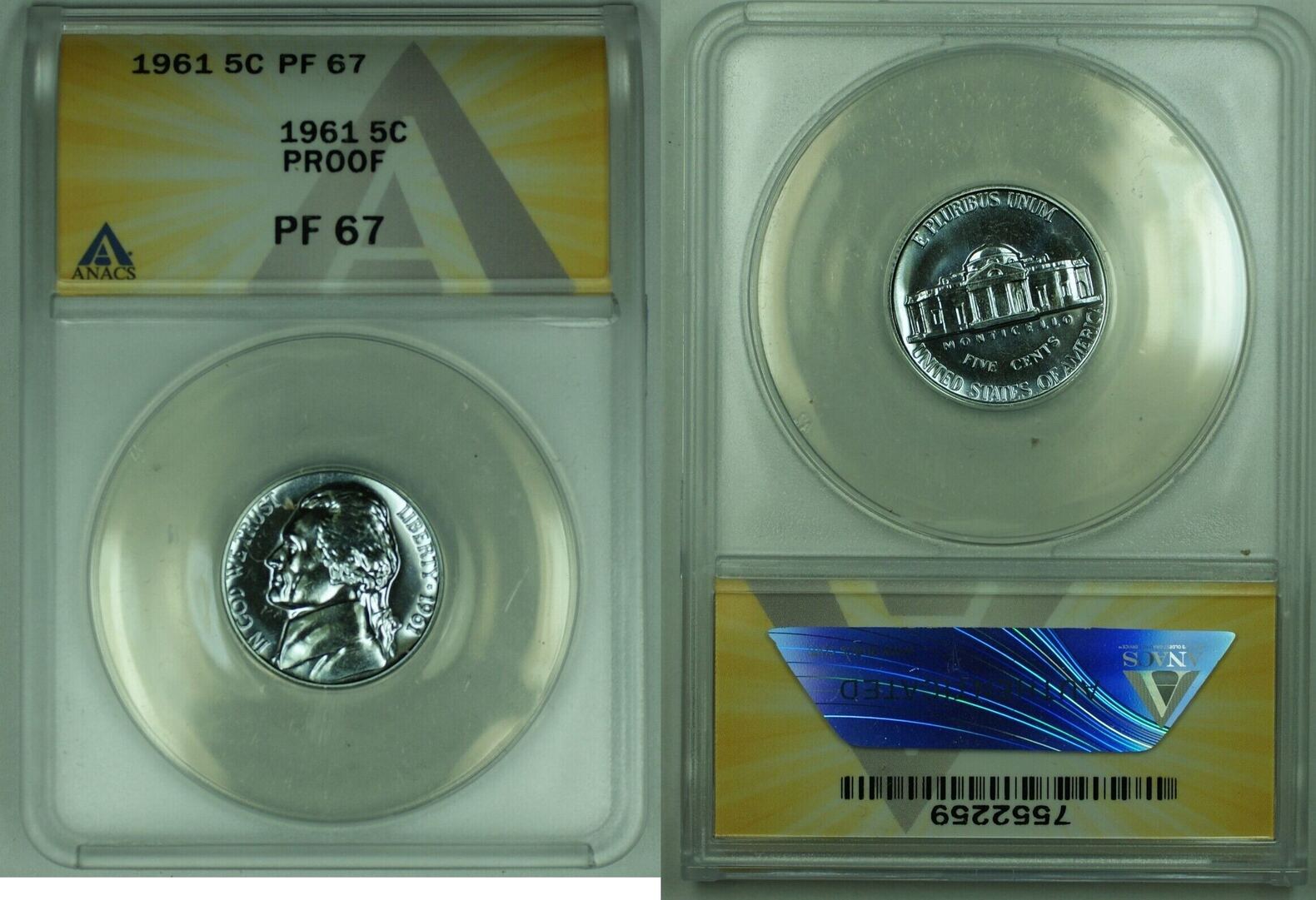 USA Jefferson Nickel 1961 Proof Toned 5C ANACS PR 67 (52) B | MA-Shops