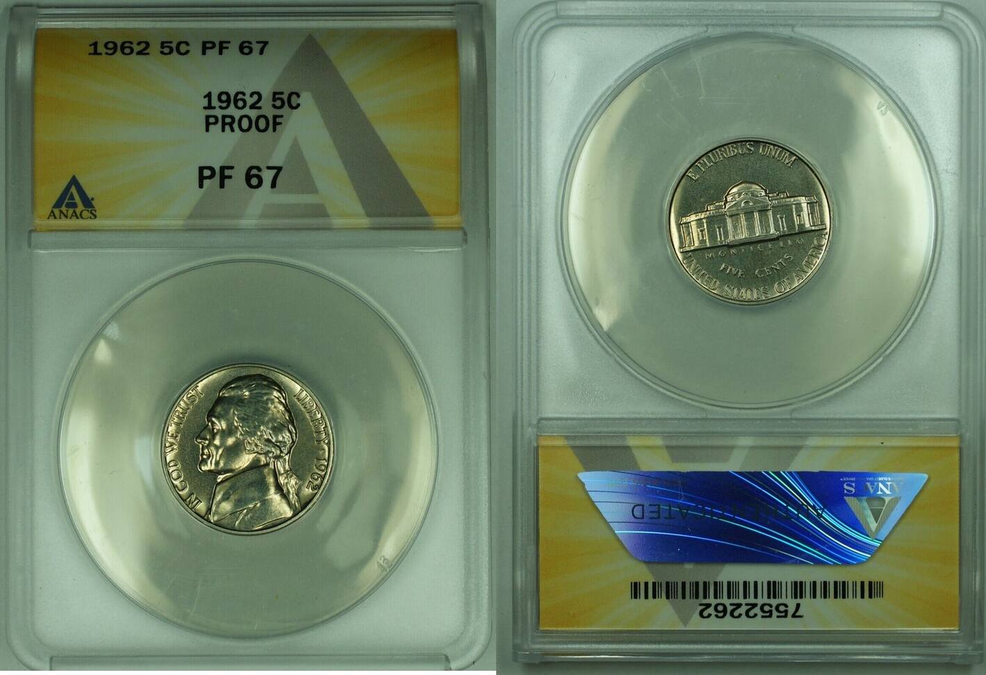 USA Jefferson Nickel 1962 Proof 5C ANACS PR 67 (52) | MA-Shops
