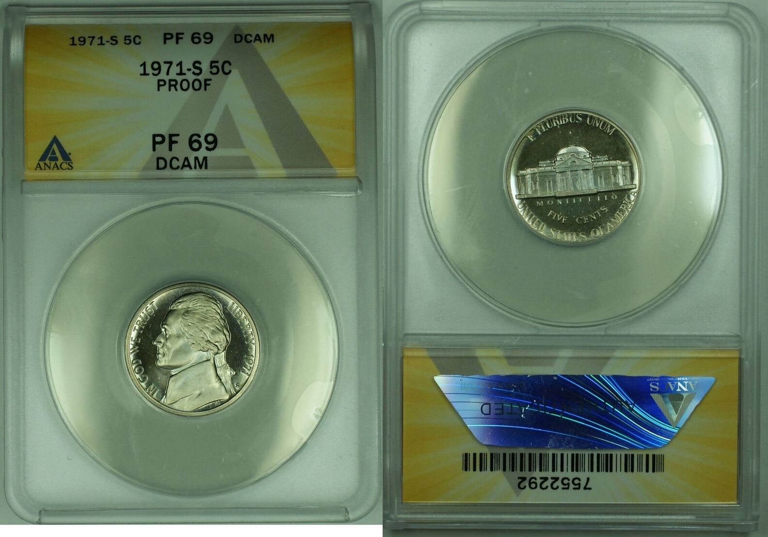 USA Jefferson Nickel 1971-S Proof 5C ANACS PR 69 DCAM (52) A | MA-Shops