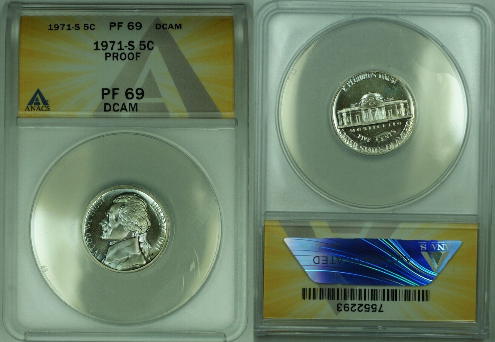 USA Jefferson Nickel 1971-S Toned Proof 5C ANACS PR 69 DCAM (52) B | MA-Shops