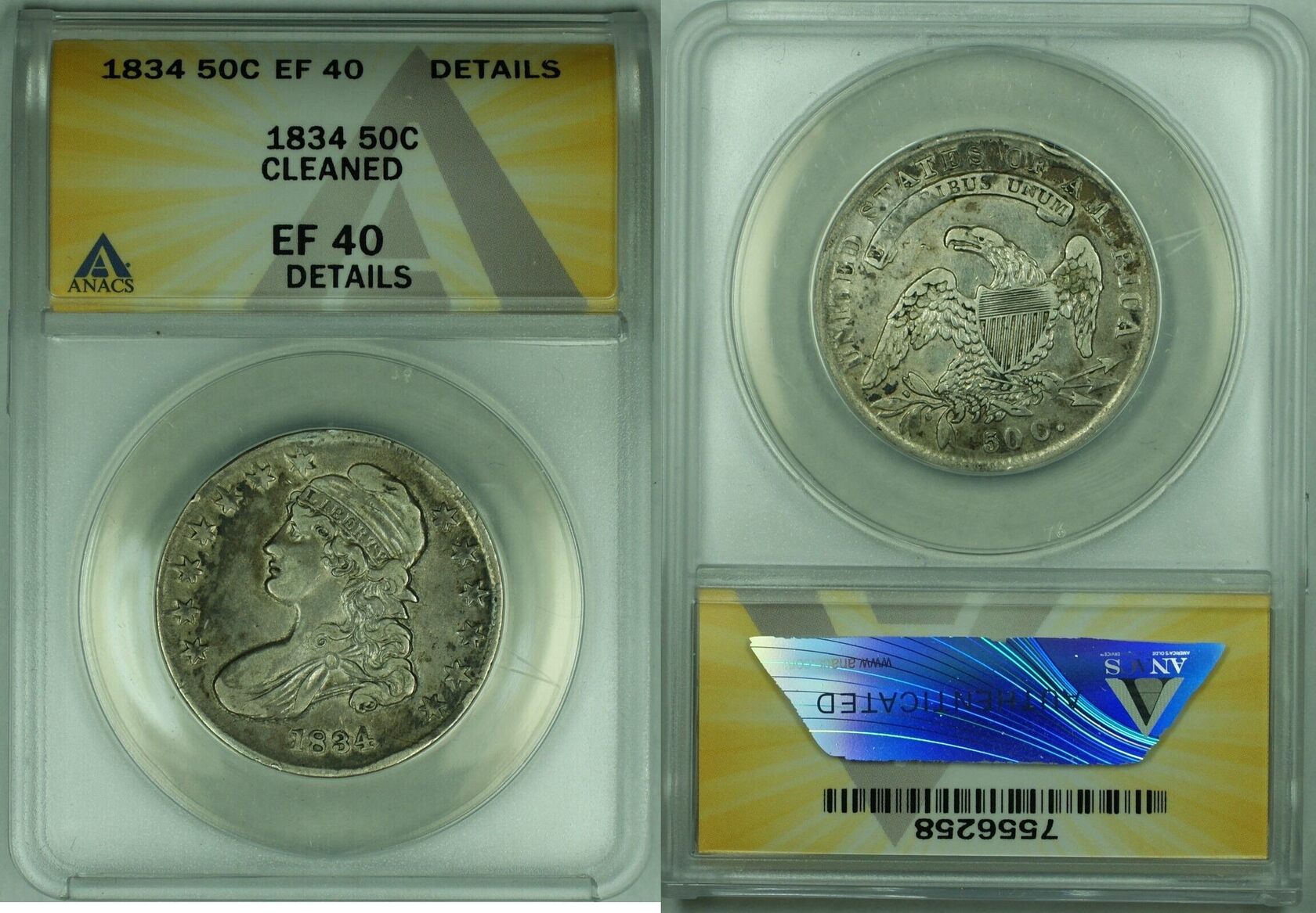 US CoinsHalf DollarsEarly Halves (1794-1839) 1834 Bust Half Dollar .50C ...