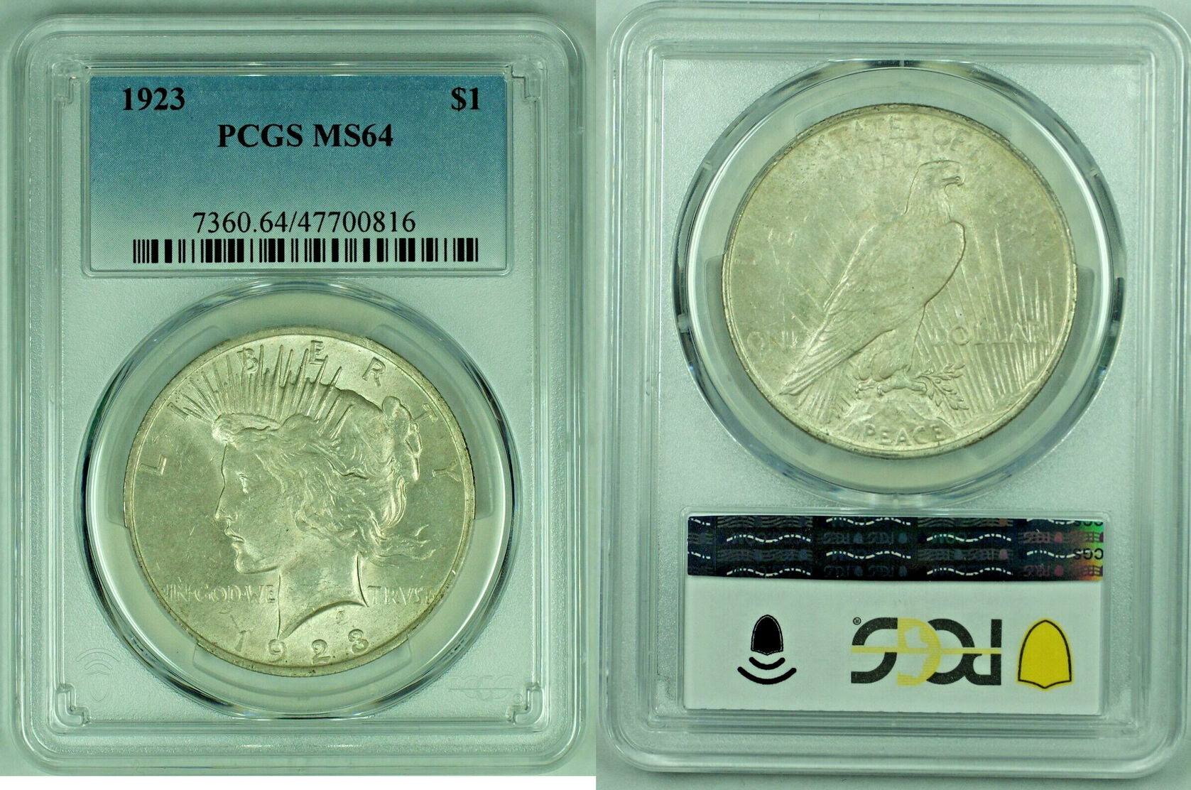 USA 1 Dollar 1923 Peace Silver $ Coin PCGS MS 64+ (17) G | MA-Shops