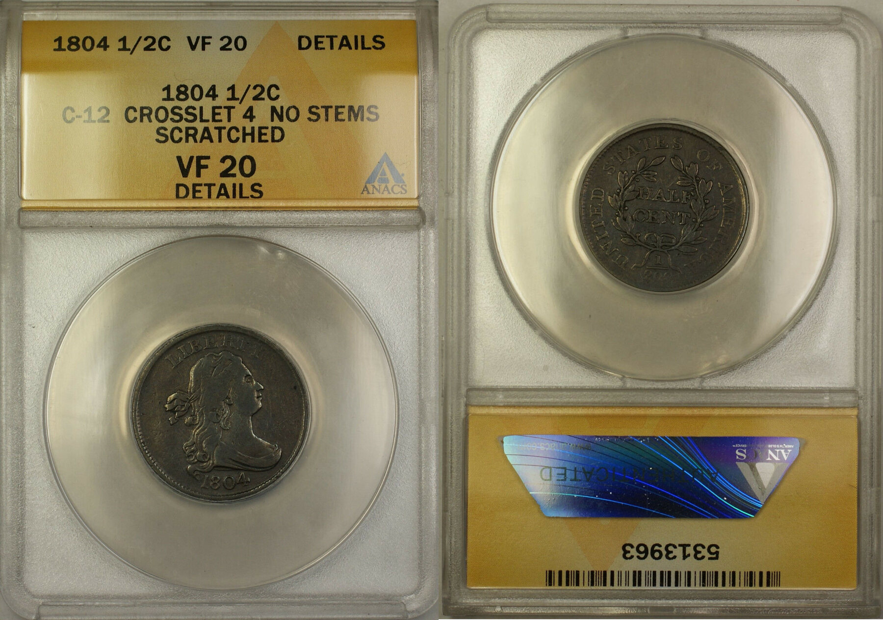 USA 1804 Crosslet 4 No Stems Draped Bust 1/2c Coin C-12 ANACS VF- 20 ...