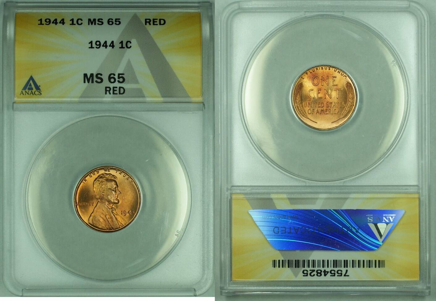 USA Cent 1944 Lincoln Wheat 1C Coin ANACS MS 65 RD (1) | MA-Shops
