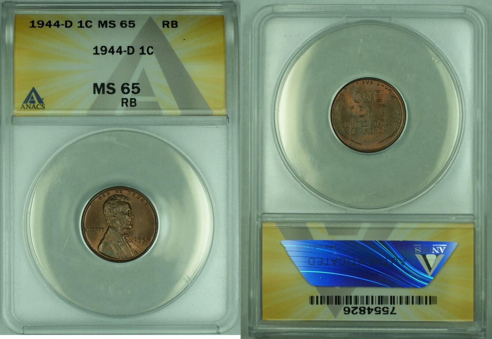 USA Cent 1944-D Lincoln Wheat 1C Coin ANACS MS 65 RB (1) | MA-Shops