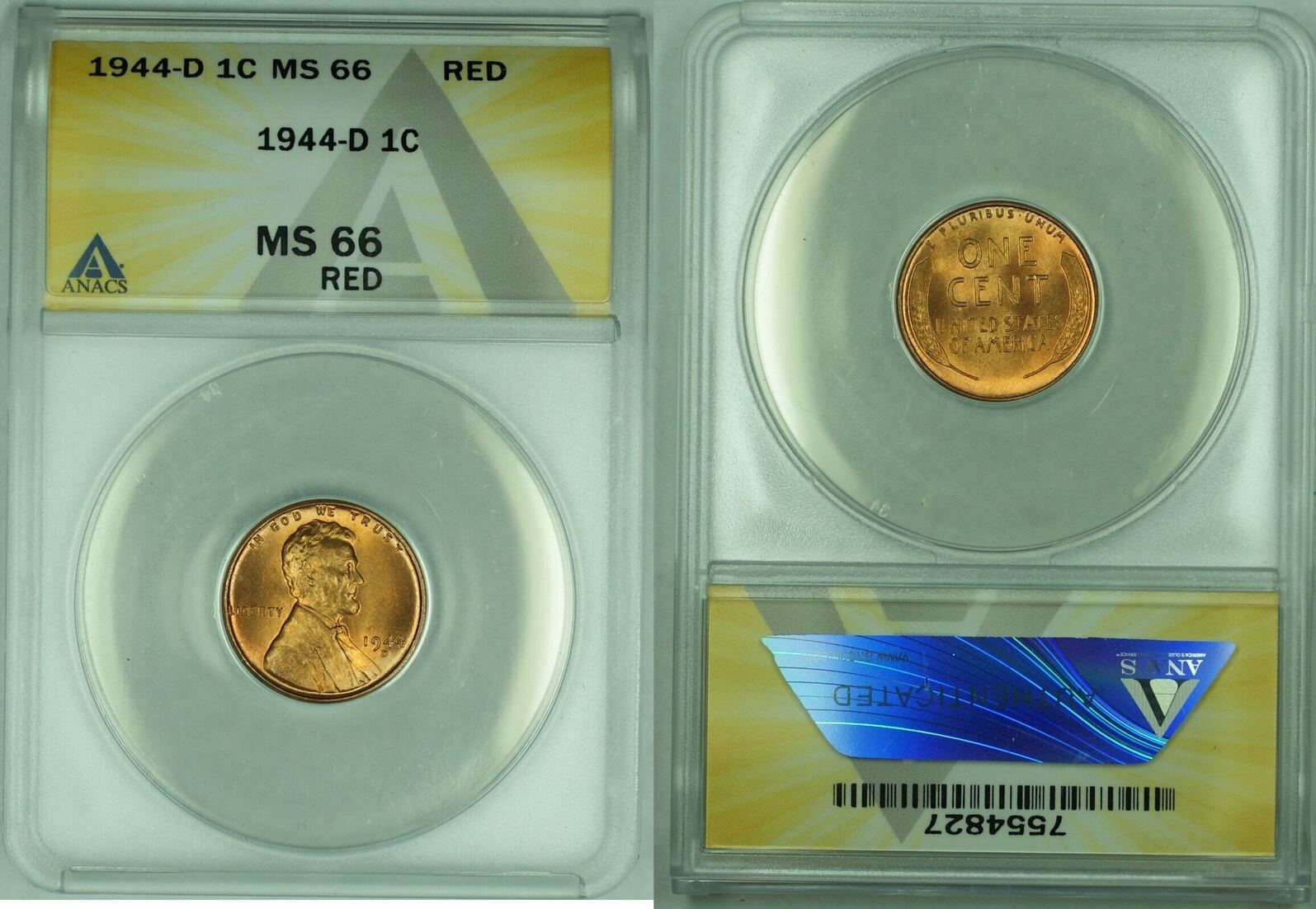 USA Cent 1944-D Lincoln Wheat 1C Coin ANACS MS 66 RD (1) | MA-Shops