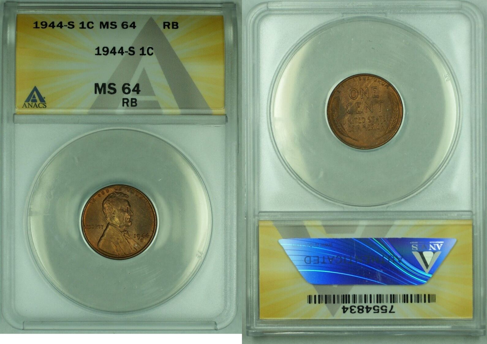 USA Cent 1944-S Lincoln Wheat 1C Coin ANACS MS 64 RB (1) | MA-Shops