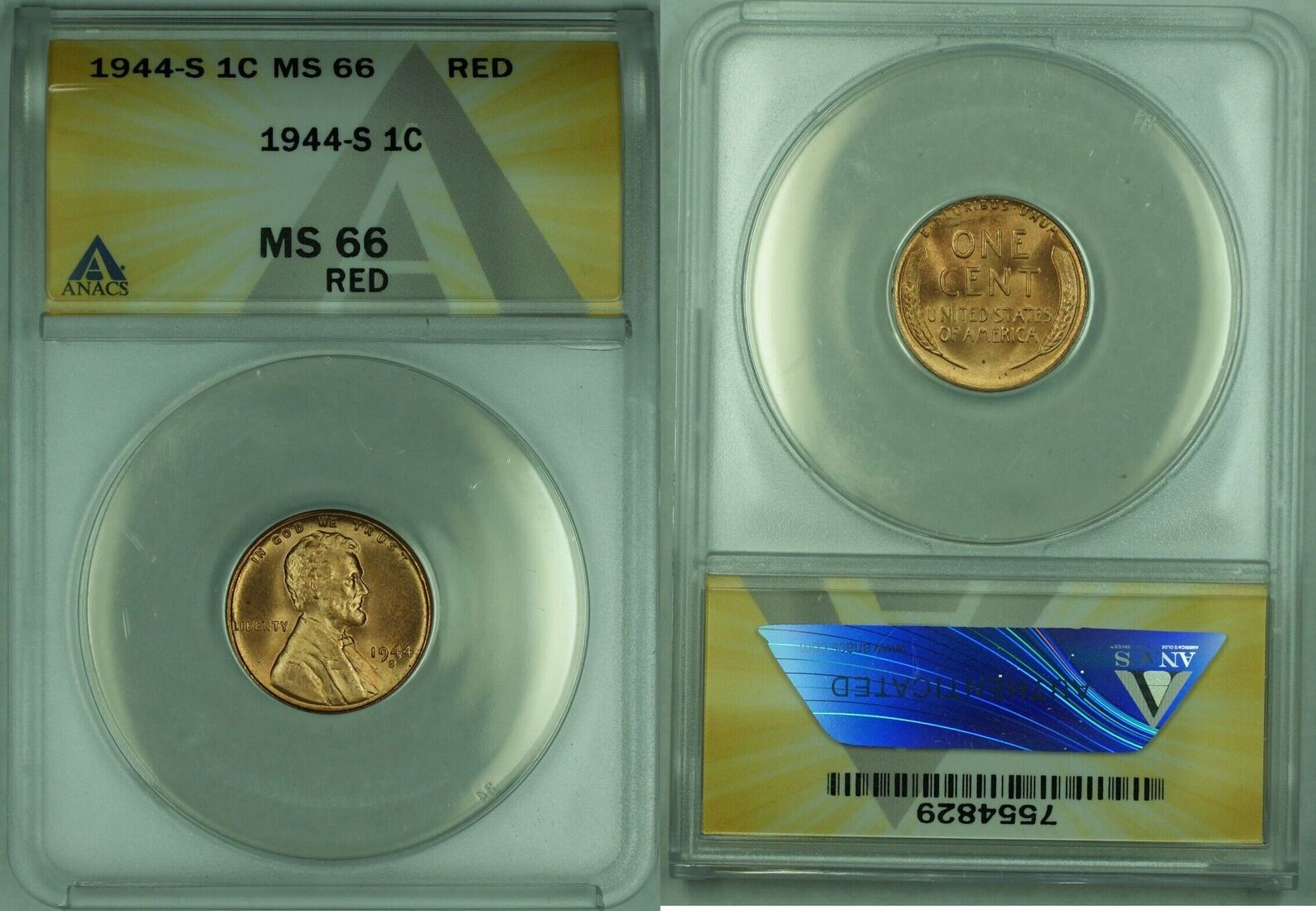 USA Cent 1944-S Lincoln Wheat 1C Coin ANACS MS 66 RD (1) A | MA-Shops