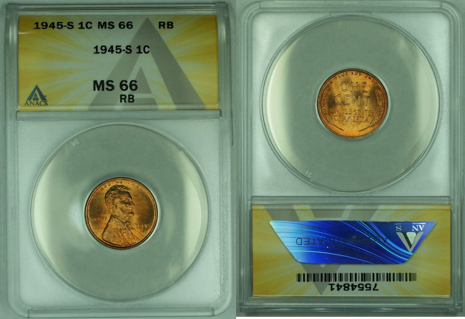 USA Cent 1945-S Lincoln Wheat 1C Coin ANACS MS 66 RB (1) B | MA-Shops
