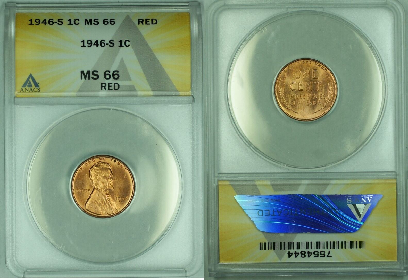 USA Cent 1946-S Lincoln Wheat 1C Coin ANACS MS 66 RD (1) A | MA-Shops