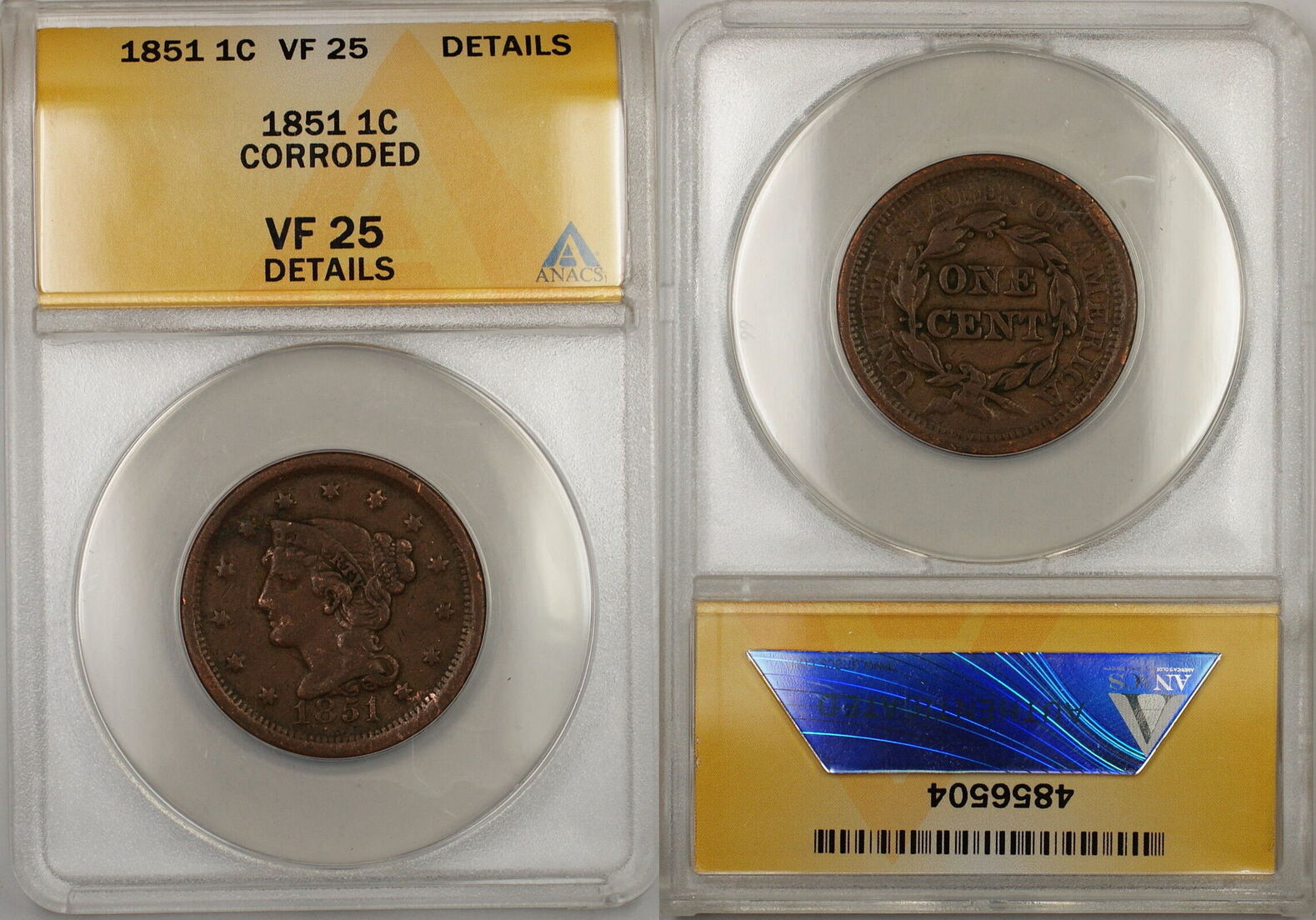USA Large Cent 1851 Braided Hair 1c Coin ANACS VF-25 Details Corroded (A) | MA-Shops