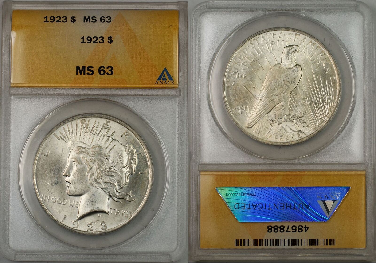 USA 1923 $ 1923 $1 Peace Silver Dollar Coin ANACS MS-63 (8B) | MA-Shops