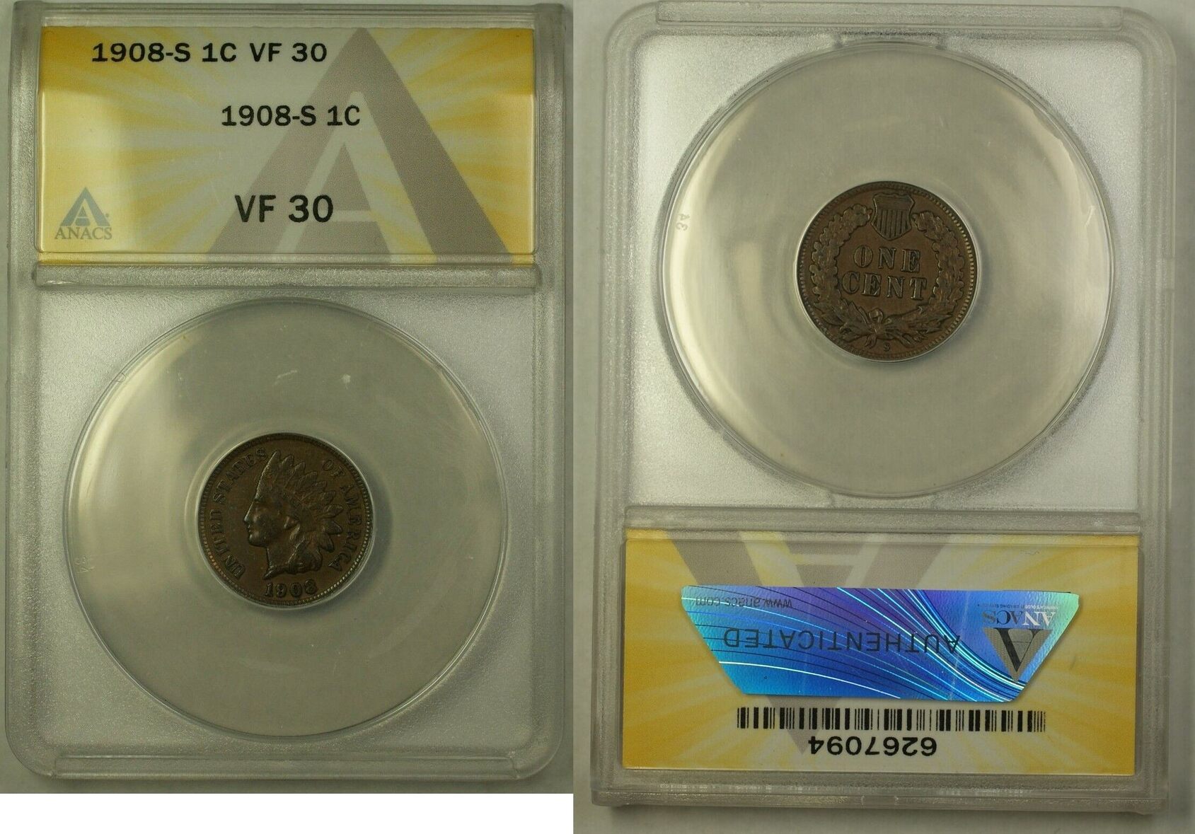 USA Indian Head Cent 1908-S ANACS VF-30 (23a) | MA-Shops