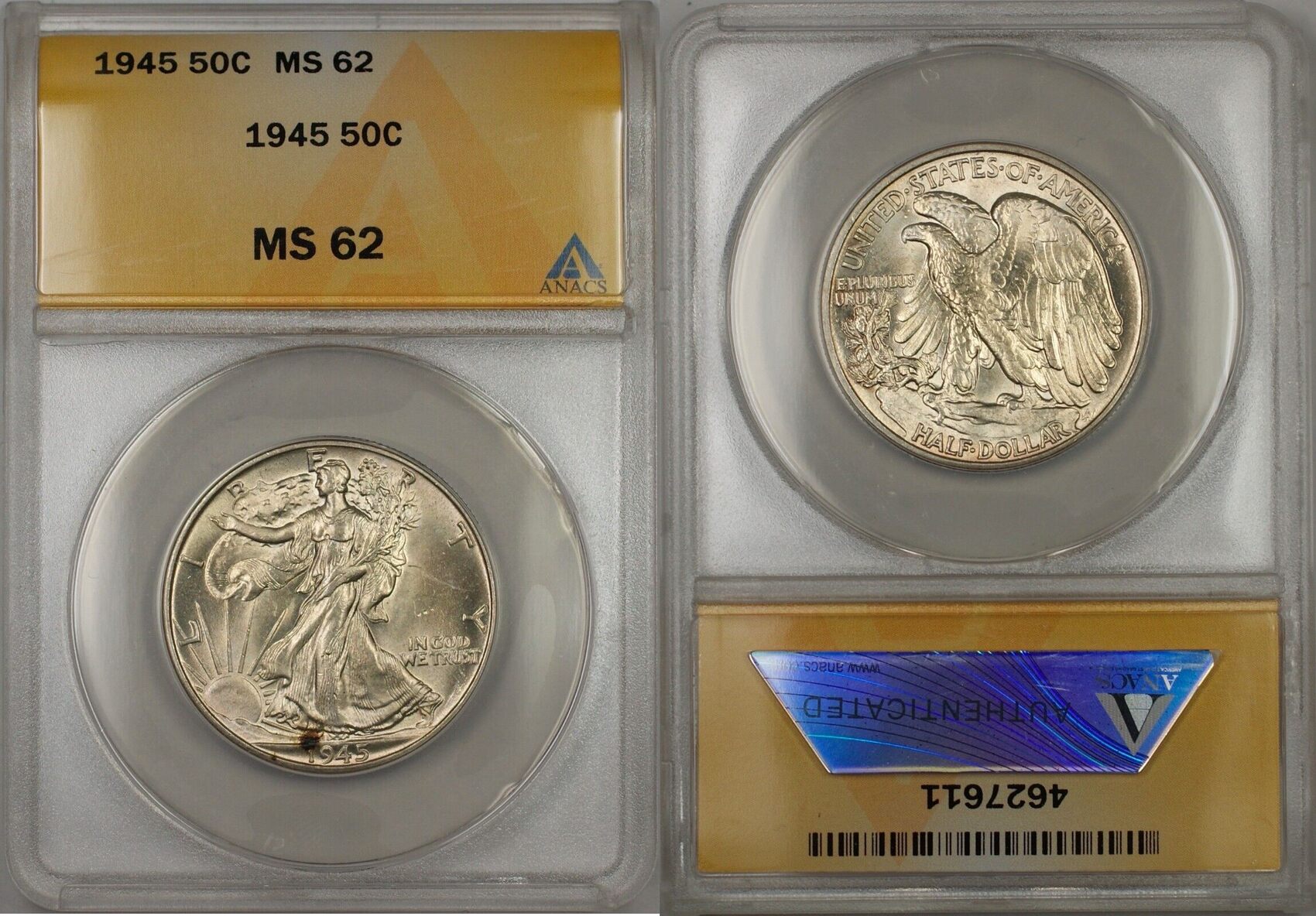 USA Half Dollar 1945 Walking Liberty Silver 50c ANACS MS 62 (Better Coin) | MA-Shops
