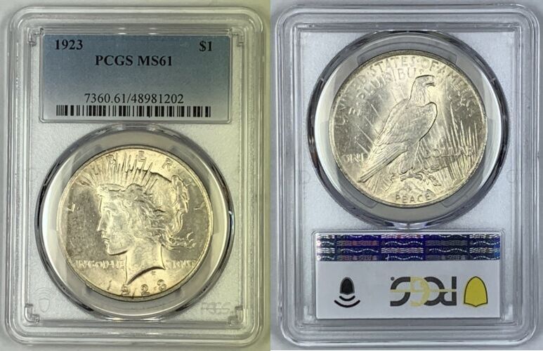 USA 1 Dollar 1923 Peace Silver $ Coin PCGS MS 61 Looks Better (9) B | MA-Shops