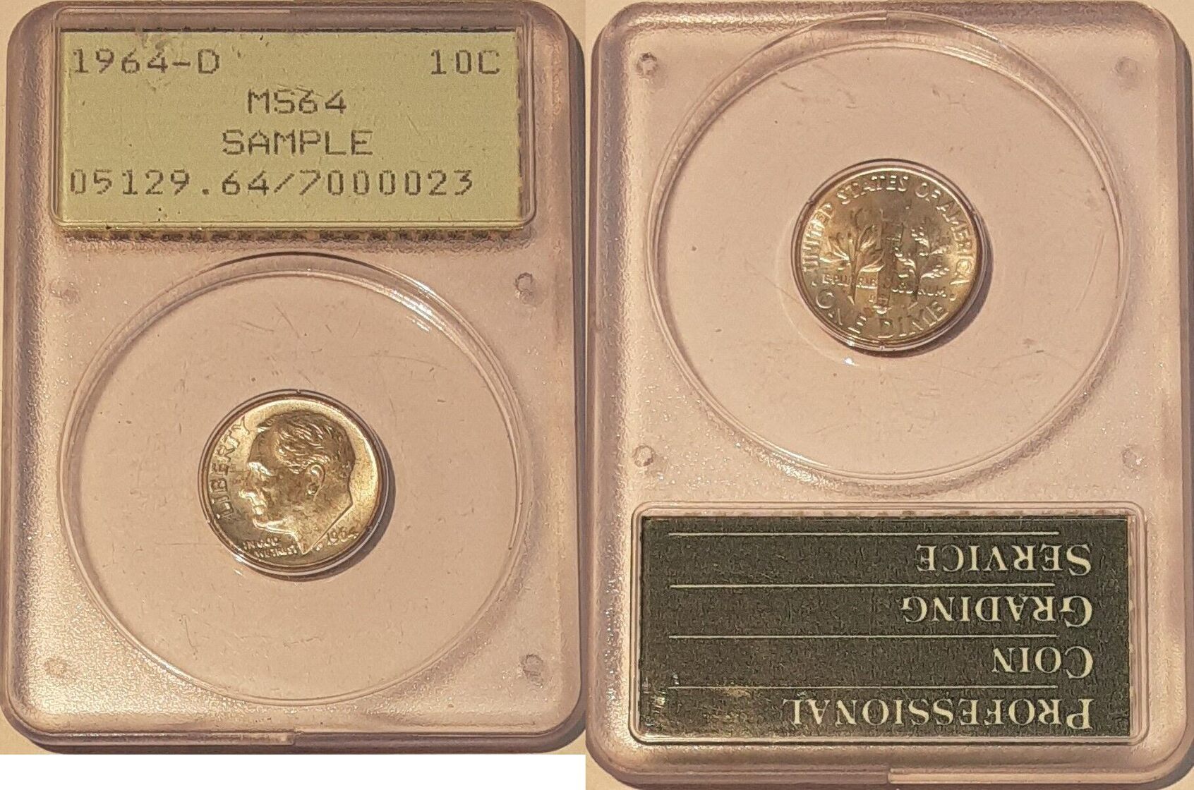 USA Roosevelt Dime 1964-D in Vintage PCGS Rattler Holder MS 64 Sample ...