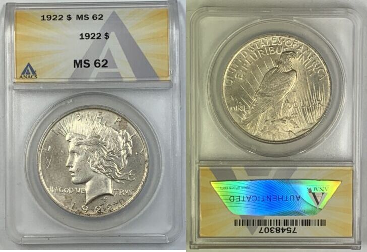 USA 1922 Peace Silver $1 Dollar Coin ANACS MS 62 | MA-Shops
