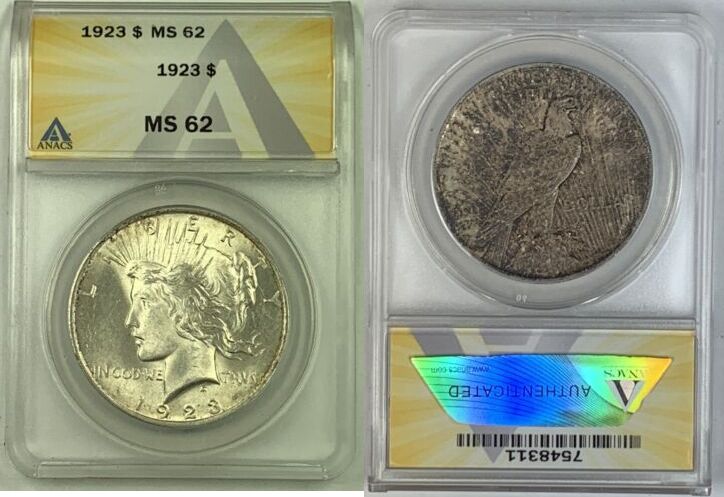 USA 1 Dollar 1923 Peace Silver $ Coin Toned ANACS MS 62 B | MA-Shops