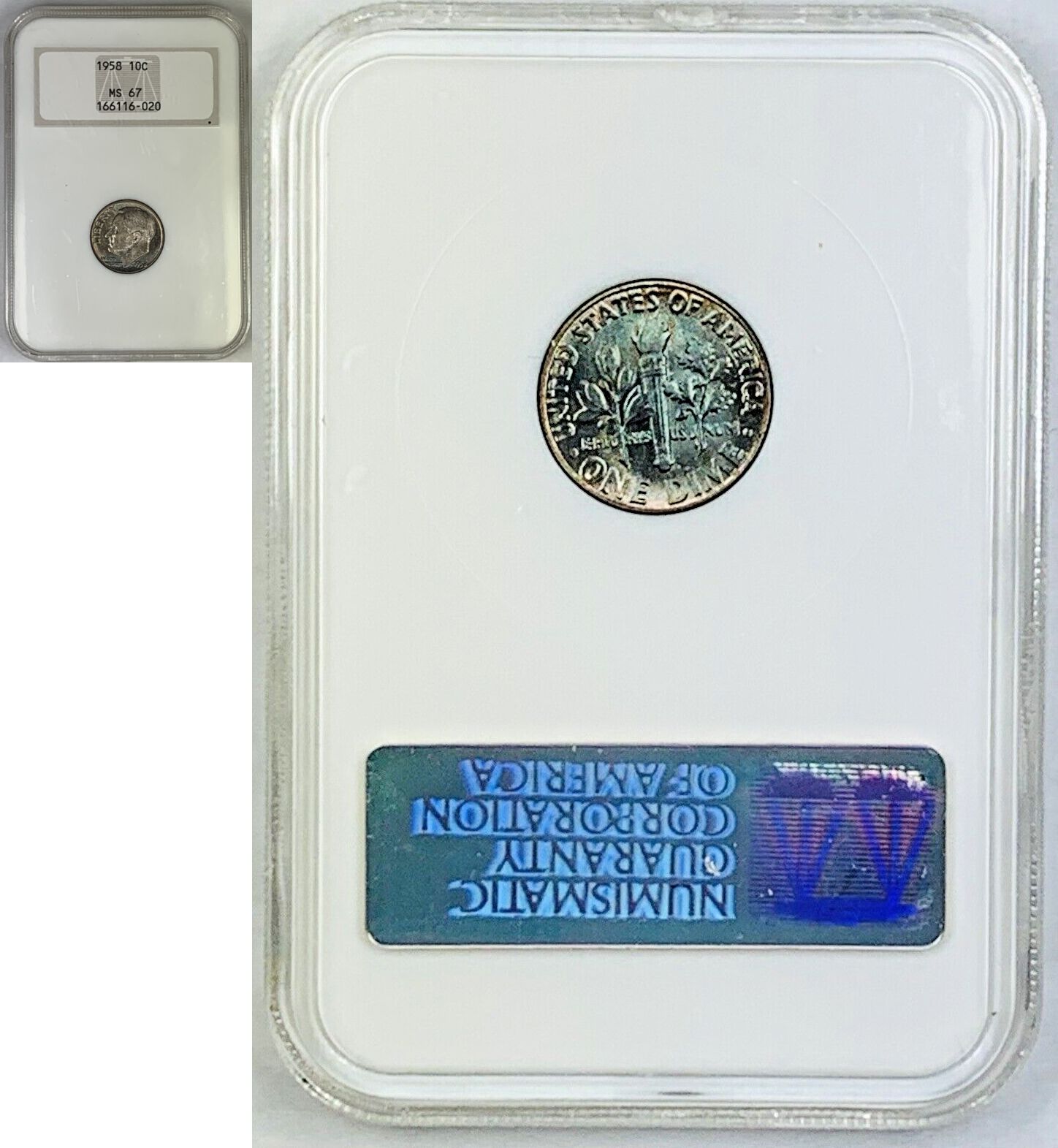 USA Dime 1958 Roosevelt Silver Toned NGC Fatty MS 67 (48) | MA-Shops