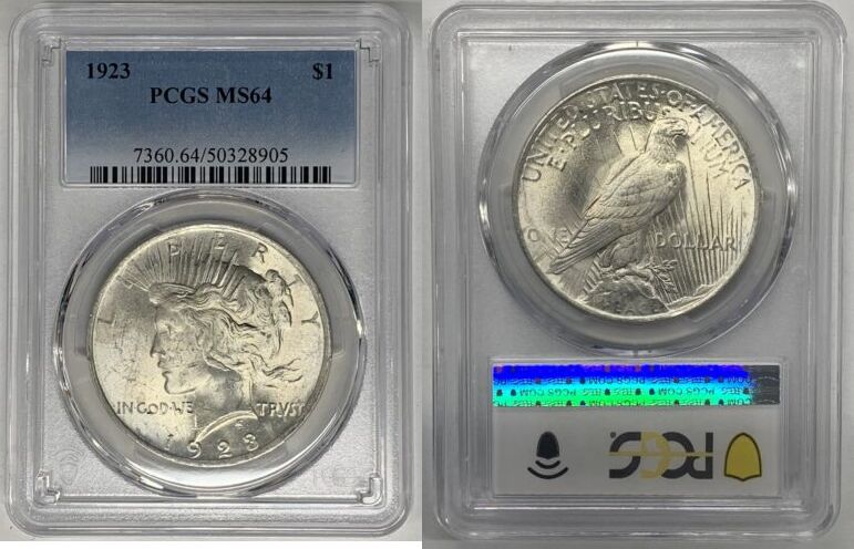 USA Dollar 1923 Peace Silver Coin PCGS MS 64 (10) D | MA-Shops