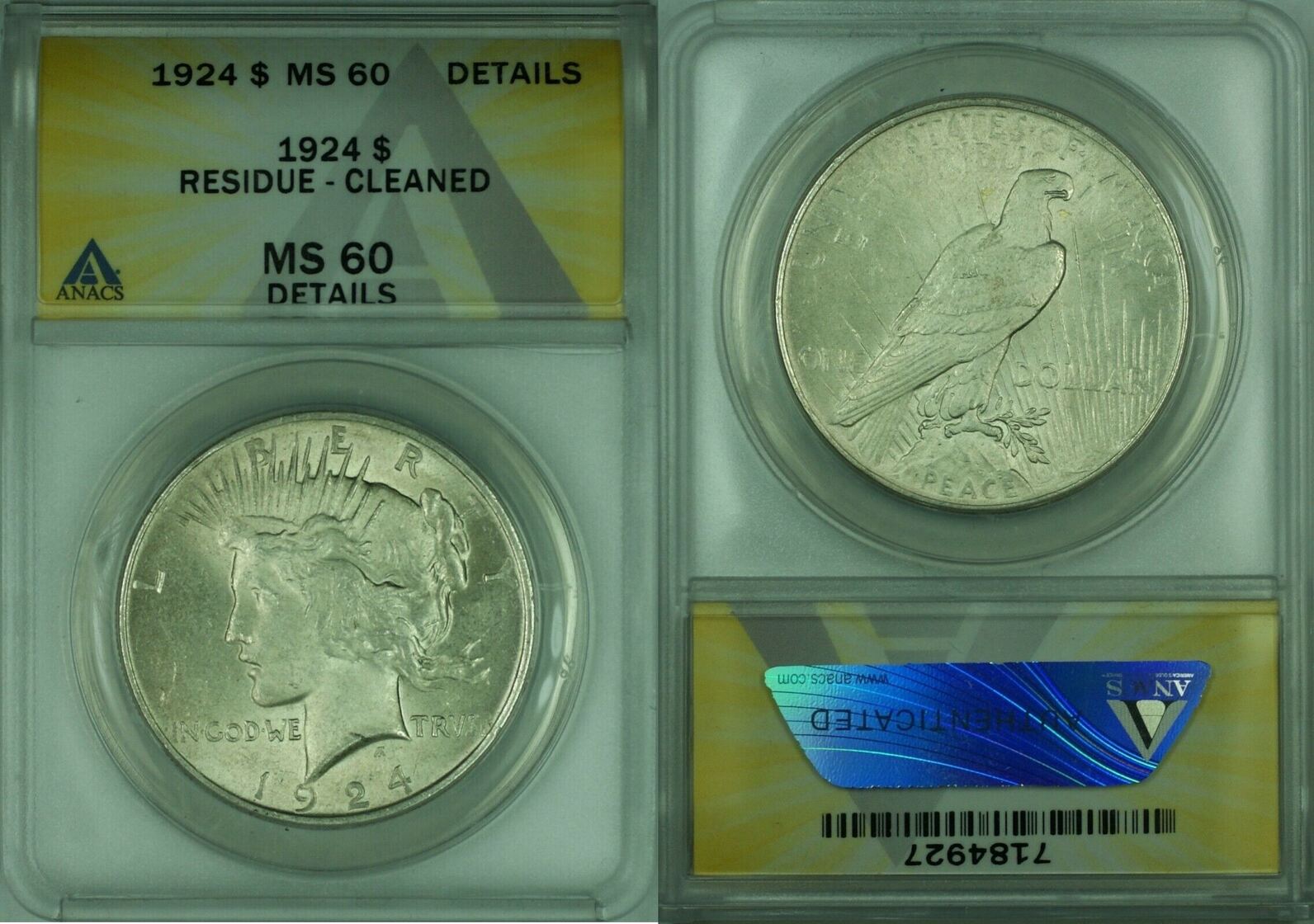 USA $1 Coin 1924 Peace Silver Dollar ANACS MS-60 Details Residue-Cleaned | MA-Shops