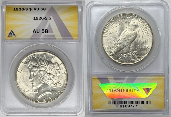 USA Dollar 1926-S Peace Silver ANACS AU 58 | MA-Shops