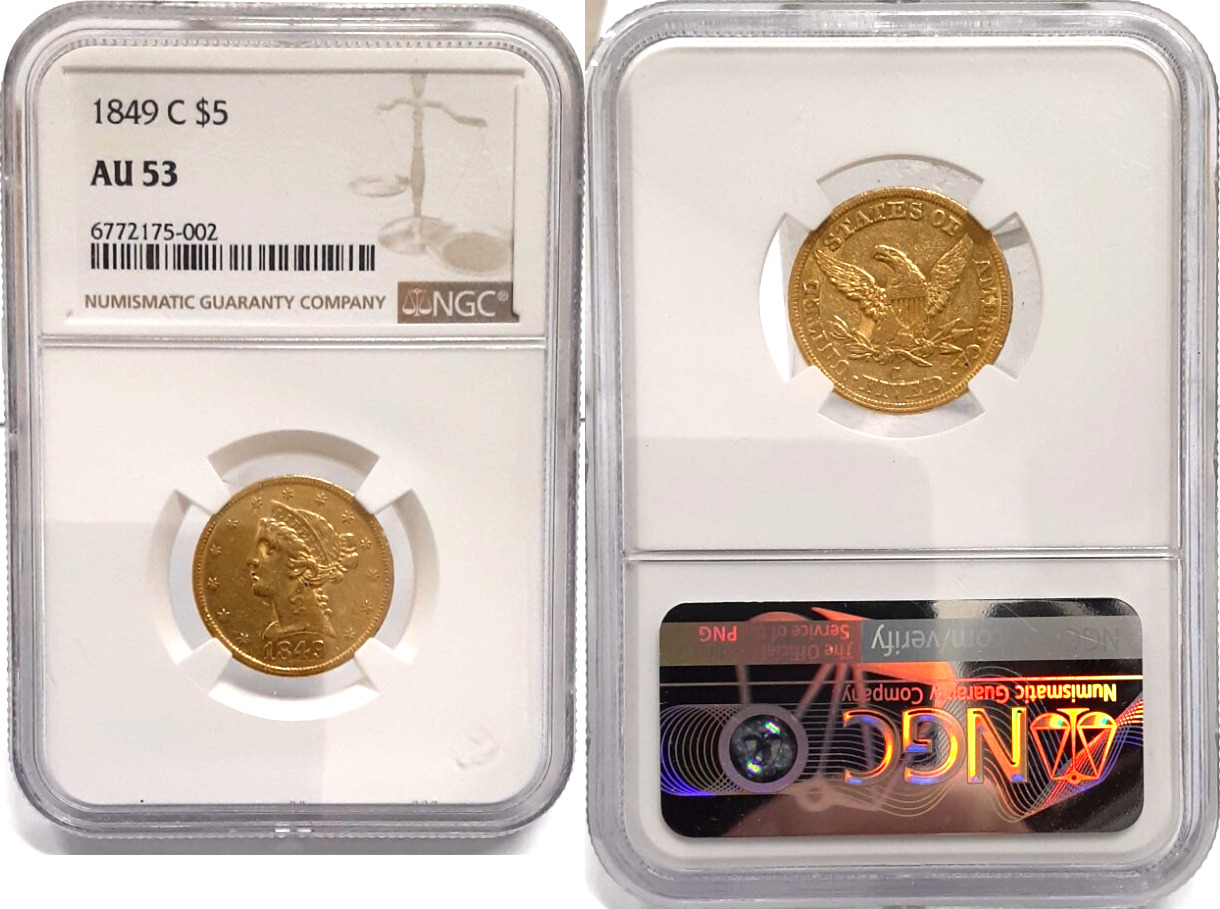 US Coins 1849-C Liberty $5 Half Eagle Gold Coin NGC AU-53 Scarce ...
