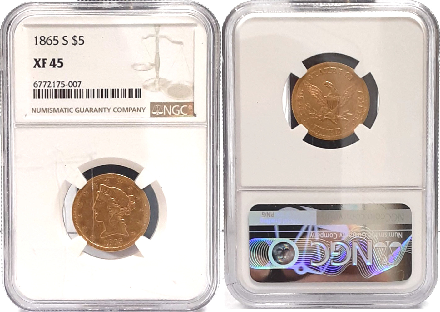 USA $5 Half Eagle 1865-S Liberty Gold Coin NGC XF-45 Scarce Date & Mint ...