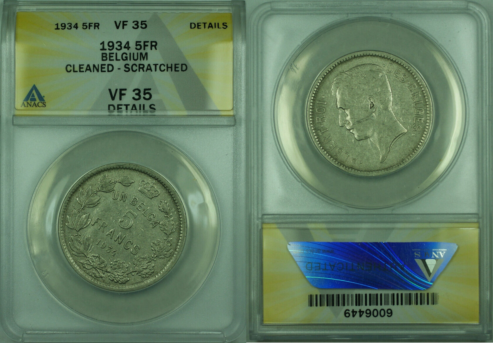 5 Francs 1934 5Fr Belgium ANACS VF-35 Details Scratched Cleaned Coin KM ...