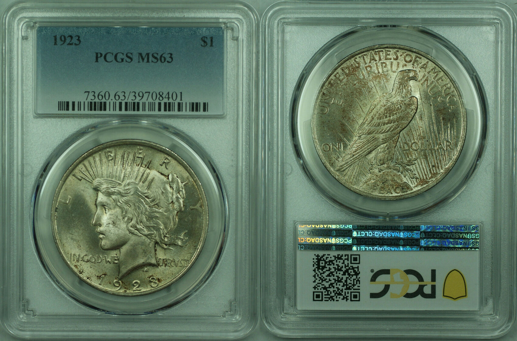 USA $1 Coin 1923 Peace Silver Dollar PCGS MS-63 Lightly Toned Better Coin (29) F PCGS MS-63 ...