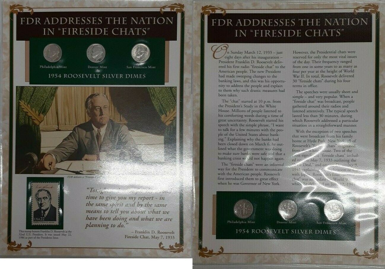 USA Life&Times of FDR 1954 - 3 Roosevelt Dimes W/Stamp & Info Card ...