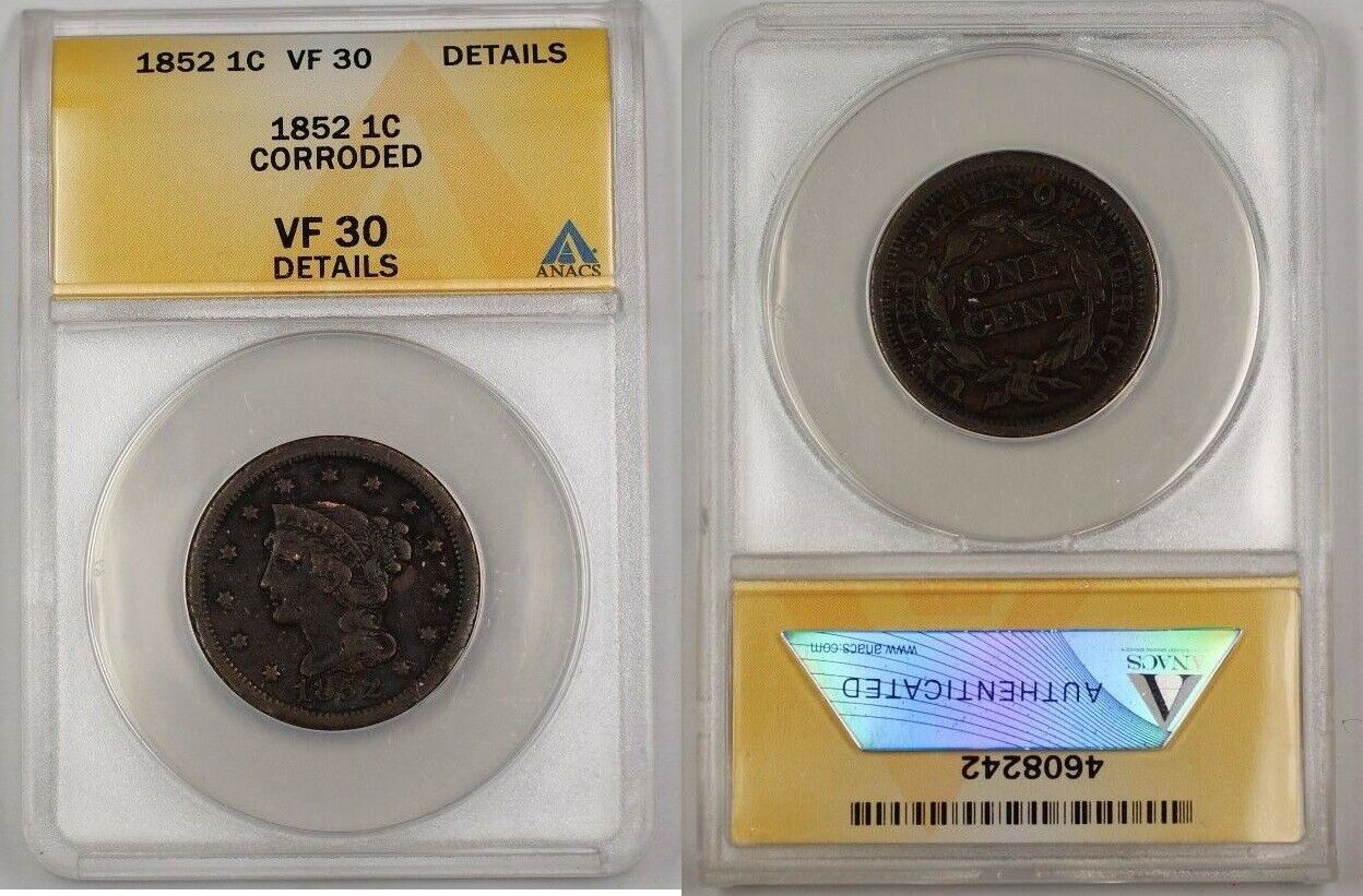 USA Large Cent 1852 US Braided Hair Coin ANACS VF-30 Details Corroded | MA-Shops