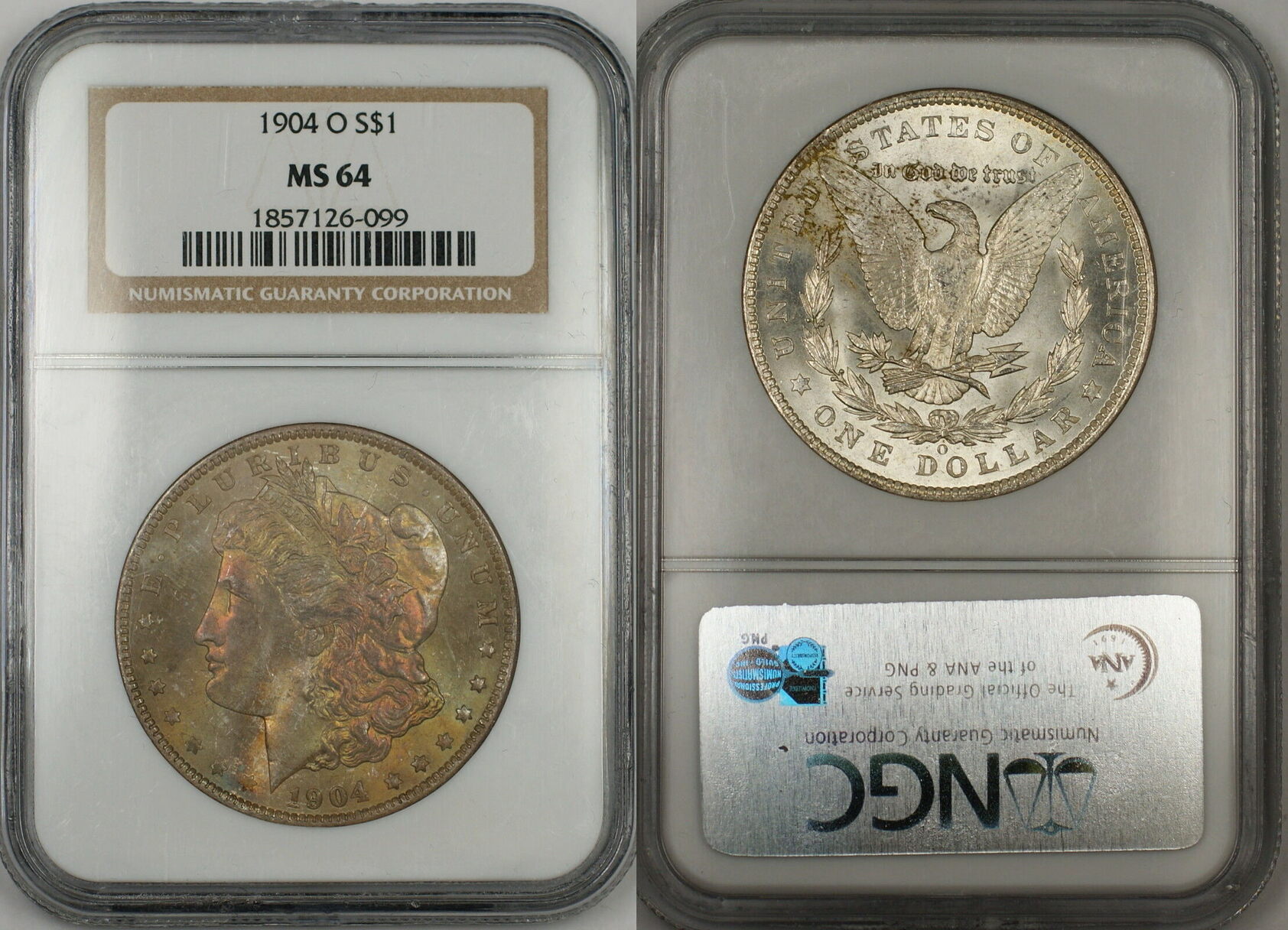 USA $1 Coin 1904-O Morgan Silver Dollar NGC MS-64 Toned Obverse (Tb) PCGS MS-64 Toned Obverse ...