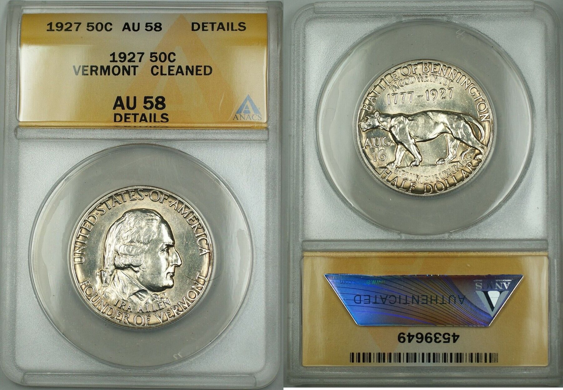 USA 1927 Vermont Commemorative Silver Half 50c Coin ANACS AU-58 Details ...
