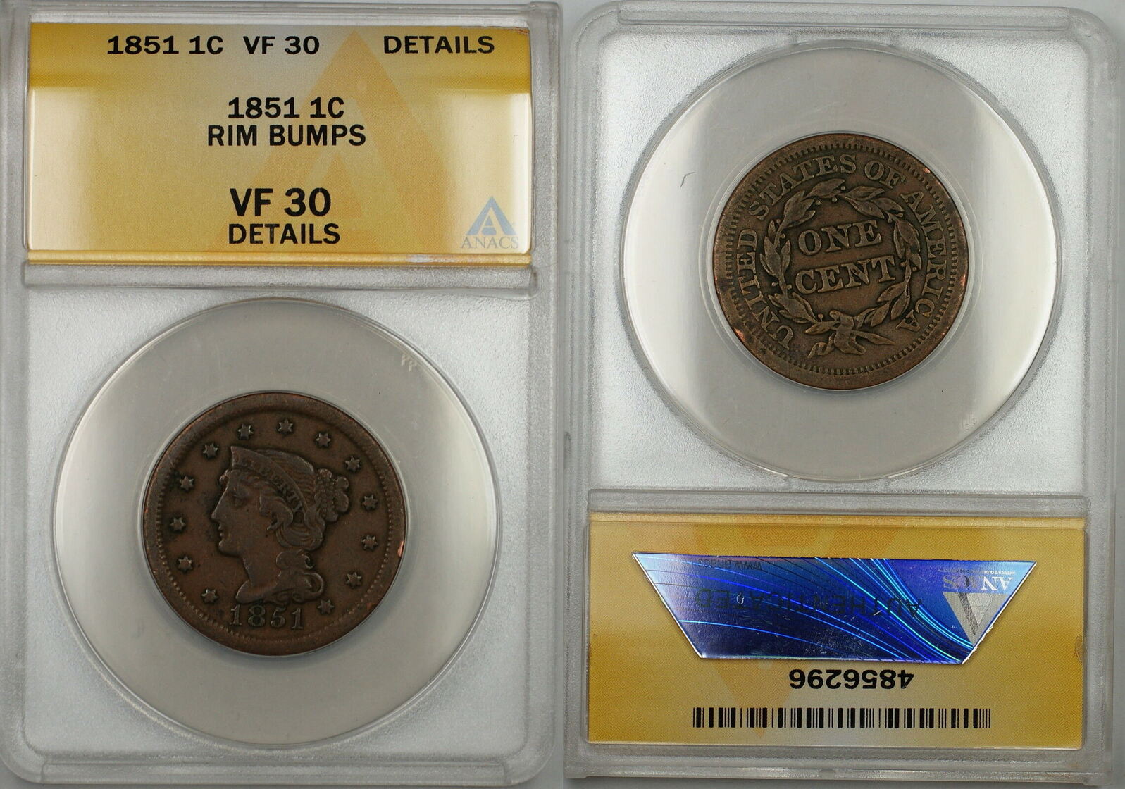 USA Large Cent 1851 Braided Hair 1c Coin ANACS VF-30 Details Rim Bumps ...