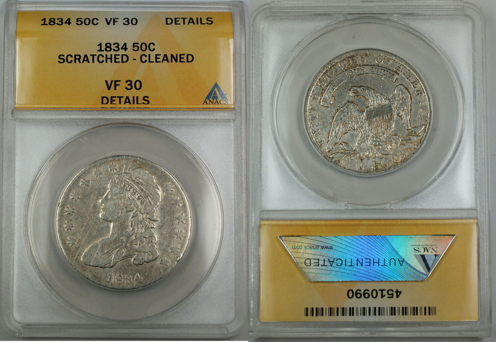 USA Half Dollar 1834 Bust Silver ANACS VF-30 Details, Scratched - Cleaned | MA-Shops