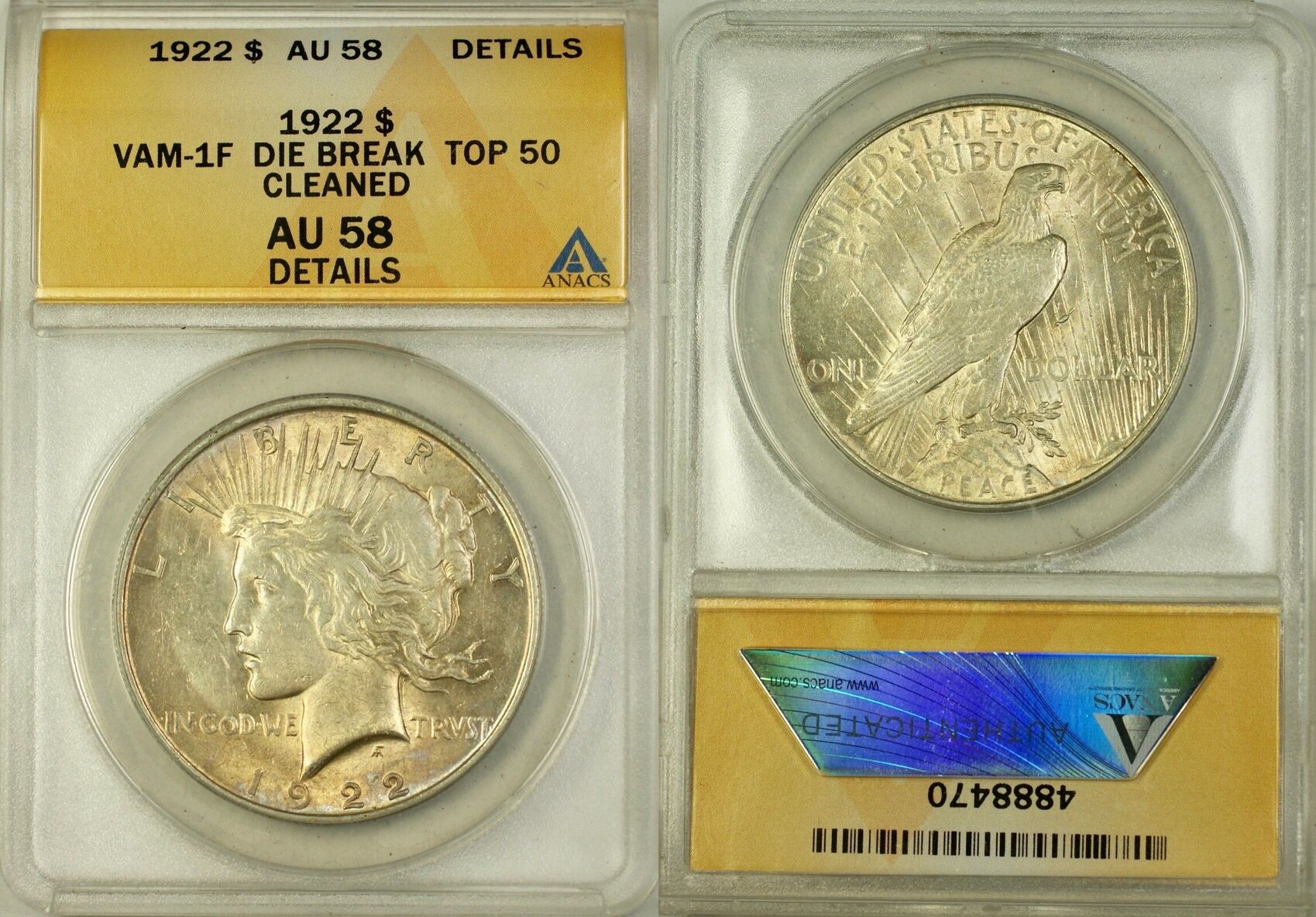 USA Dollar 1922 VAM-1F Peace Silver Coin ANACS AU 58 Details Die Break Top 50 ANACS AU 58 ...