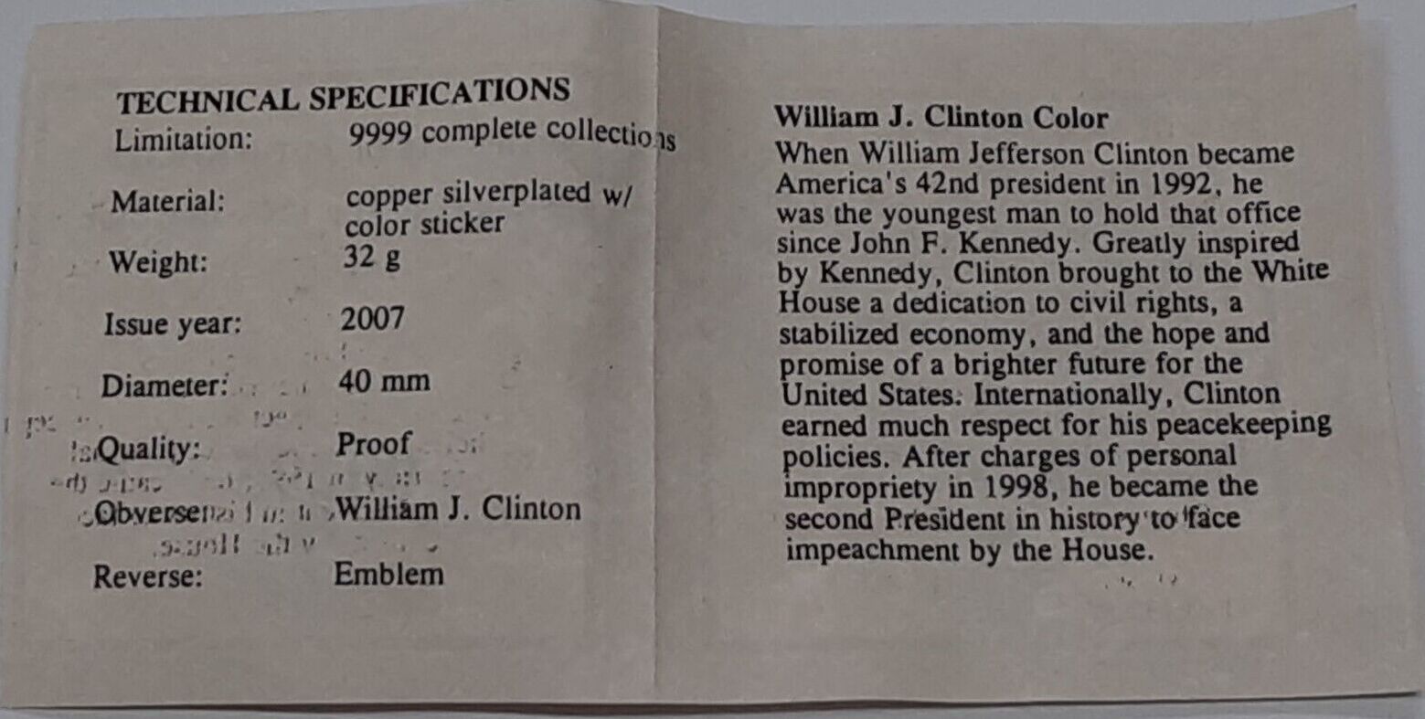 Exonumia Bill Clinton-US Presidents American Mint 40MM Silver Plated ...