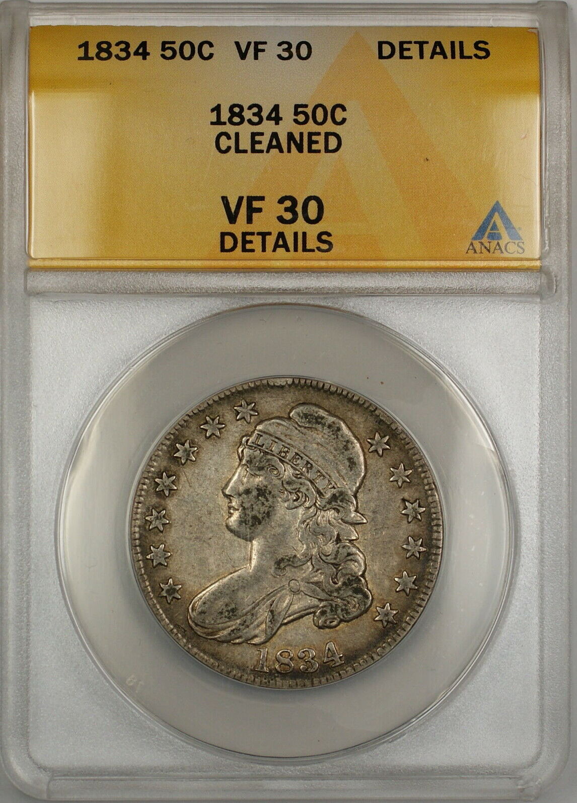 USA Half Dollar 1834 Capped Bust Silver 50c Coin ANACS VF-30 Details Cleaned PRX | MA-Shops