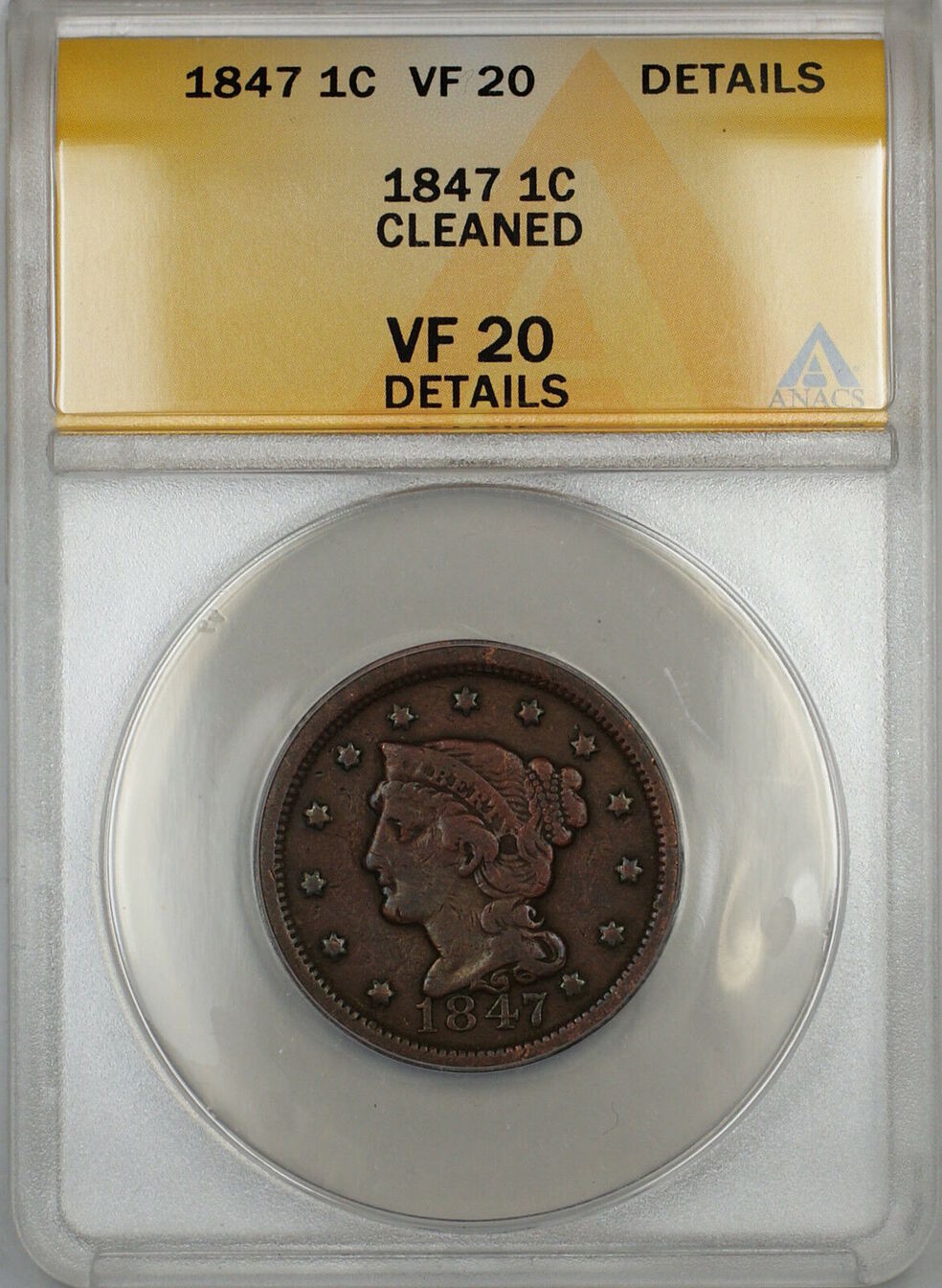 USA Large Cent 1847 Braided Hair 1c Coin ANACS VF-20 Details Cleaned | MA-Shops