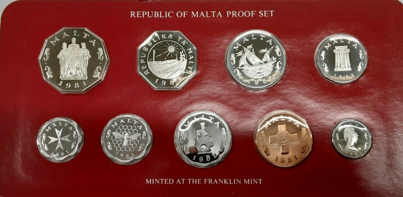 Weltmünzen 1981 Republic of Malta Proof Set, 9 Gem Coins, Made by the ...