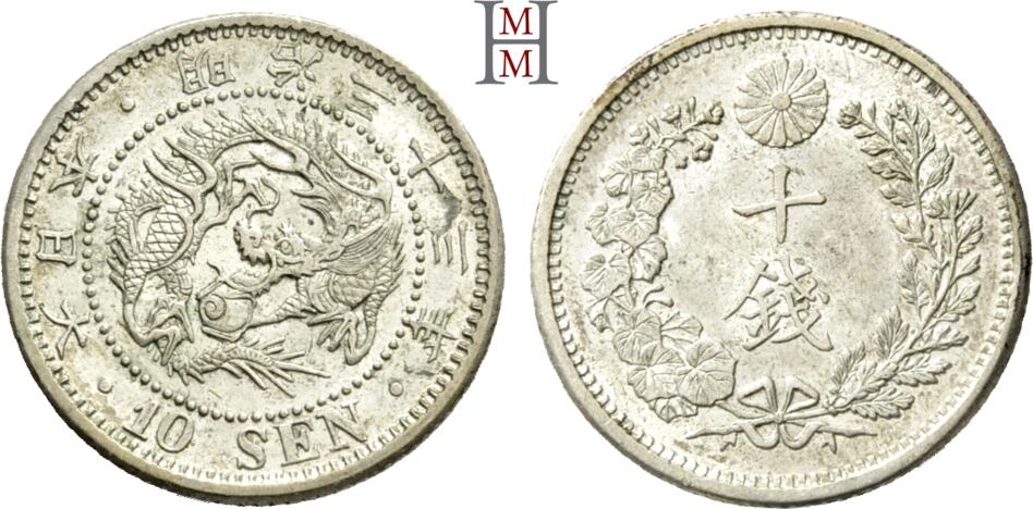 JAPAN 10 Sen Jahr 33 (1900) Mutsuhito, 1867-1912. Feine Tönung, vorzüglich | MA-Shops