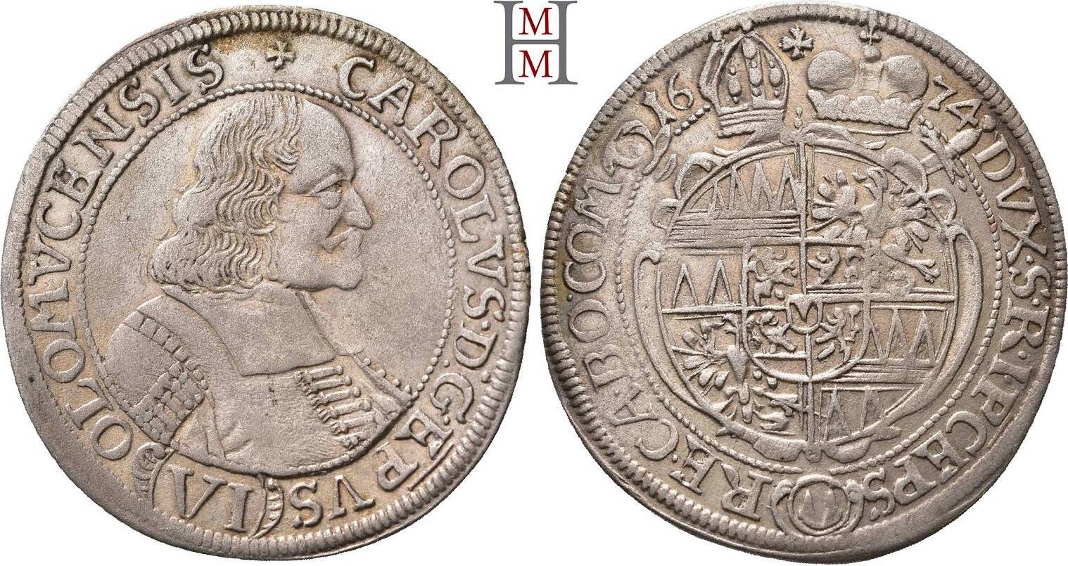 GEISTLICHKEIT 6 Kreuzer 1674 OLMÜTZ, BISTUM Karl II. von Liechtenstein, 1664-1695. Walzenprägung ...