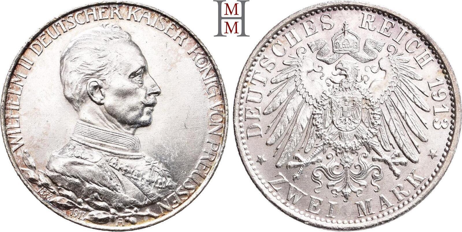 REICHSSILBERMÜNZEN 2 Mark 1913 A PREUSSEN Wilhelm II., 1888-1918. Feine Tönung, fast ...